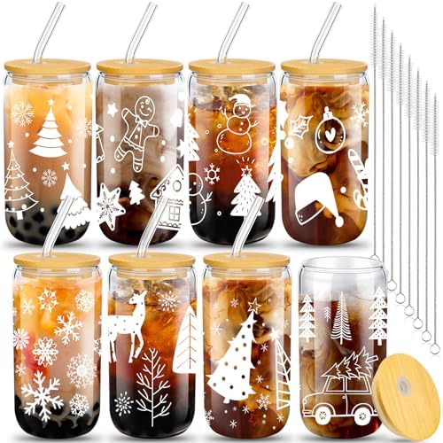 Amazon.com: Umigy 8 Pack Christmas Glass Cups, 16 oz Christmas Mason ...