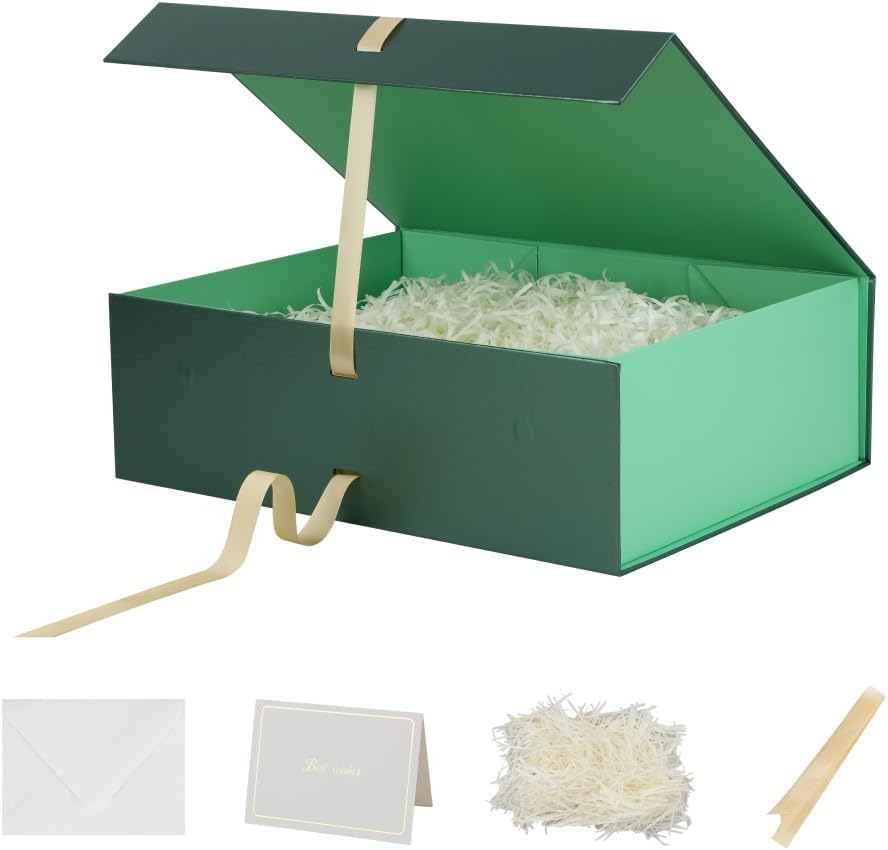 Amazon.com: BoxSkivra Large Green Gift Box with Ribbon 1 Pack 16.5X13X5 ...