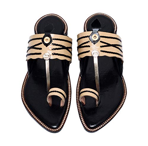 Buy KARVEERA Men's Leather Black & Cream Plain Kolhapuri Fashion Sandal ...