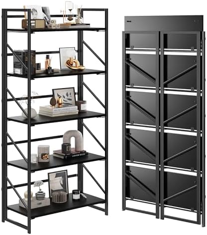 Amazon.com: JSB No Assembly Folding Bookshelf, 5 Tier Industrial Metal ...