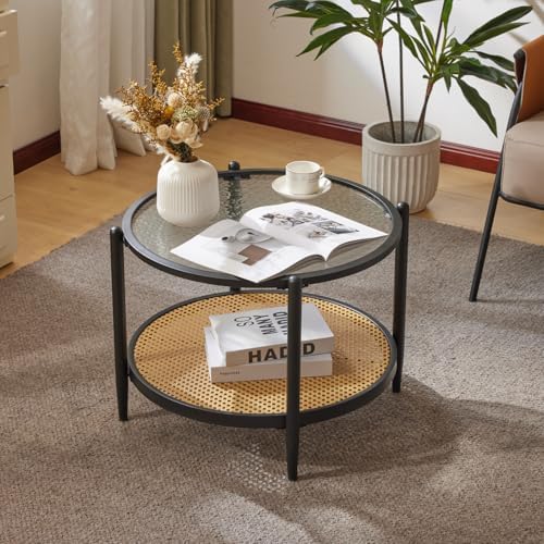 Amazon.com: VINGLI 25.6" Rattan Coffee Table, Round Water-Wave Glass ...