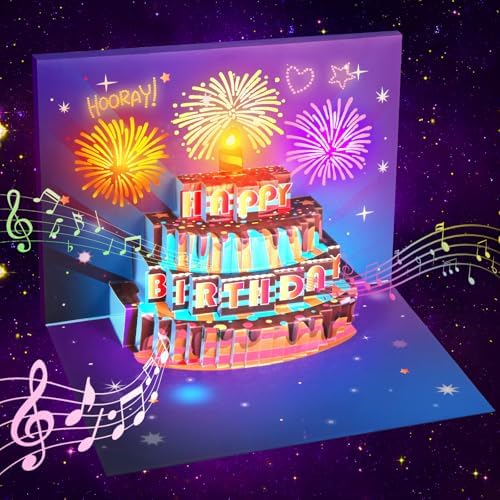 Amazon.com: MZD8391 Birthday Cards Fireworks 3D Pop Up Blowable Cake ...