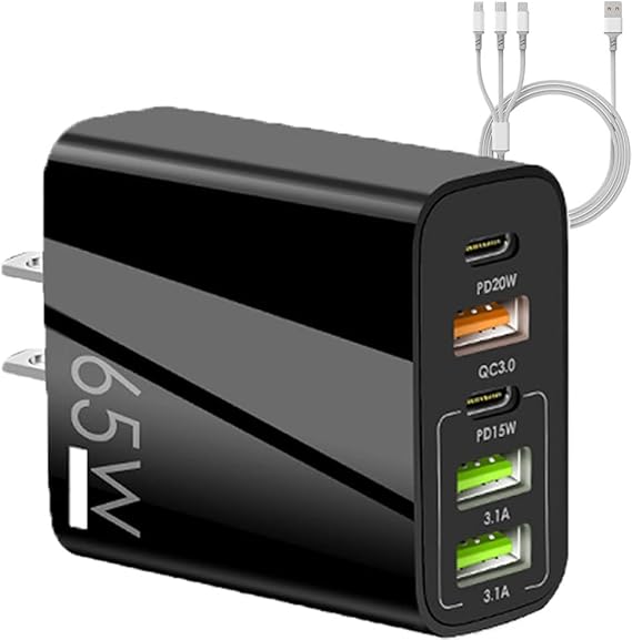 PLUVO Cargador de Carga Rápida 65W 5 en 1,Cargador Tipo C con 3 en 1 Cable 1.2m Cargador USB C ...