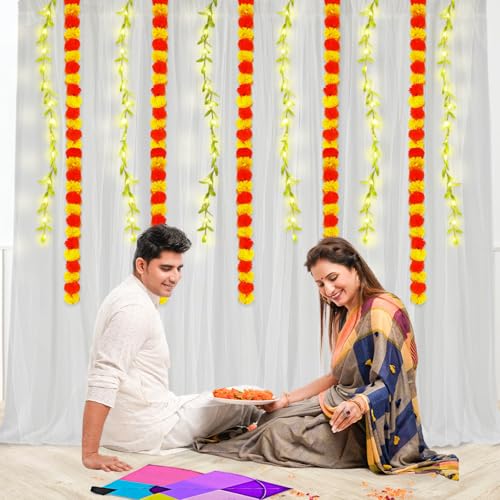 Party Propz White Net Backdrop for Pooja Decoration with Leaf Lights ...