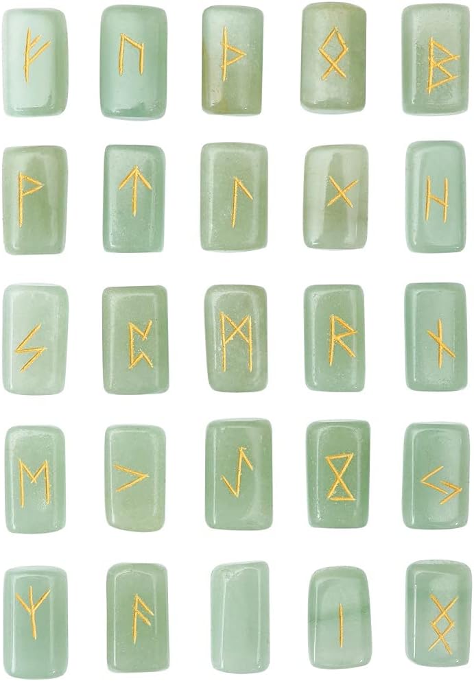 Cartbug Green Jade Round Brick Shape Rune Stones Set with Elder Futhark ...