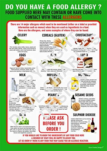 FOOD ALLERGY AWARENESS SIGN A4 (297mm x 210mm) LAMINATED 400g 14 ...