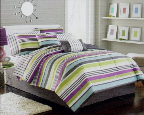 Keeco OZ1008V16MUL Edith Stripe 8-Piece Cotton Complete Bed Set, Full ...