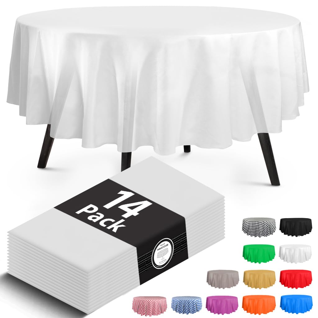 Amazon.com: 14 Pack Premium Round White Plastic Tablecloth - 84 x 84 in ...