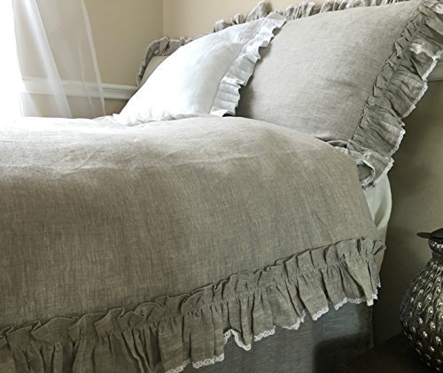 Amazon.com: Natural Linen Country Ruffle Duvet Cover with White Lace ...
