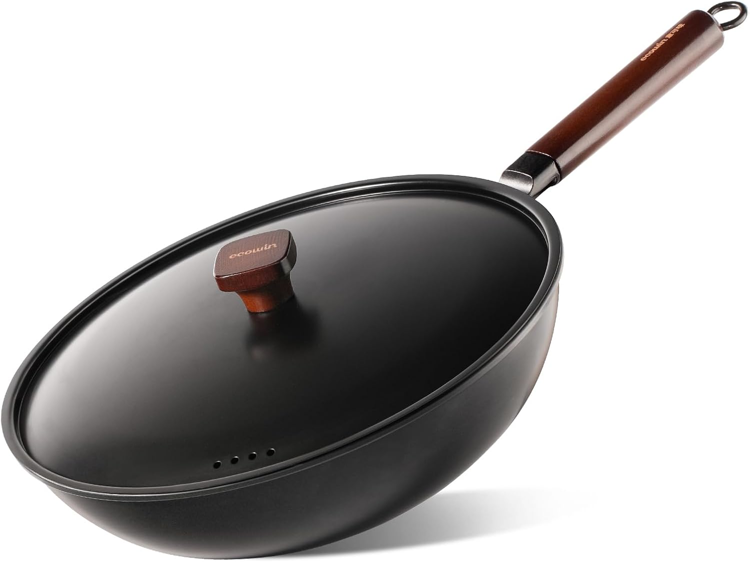 Amazon.com: Ecowin Wok Pan with Lid,Cast Iron Wok Pan 12 inch Flat ...