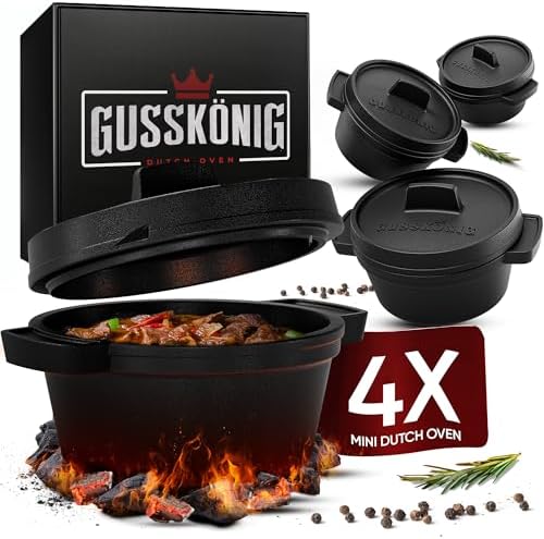 GUSSKÖNIG Dutch Oven Set Mini - 4x 300ml Cast Iron Mini Pots with Lids ...