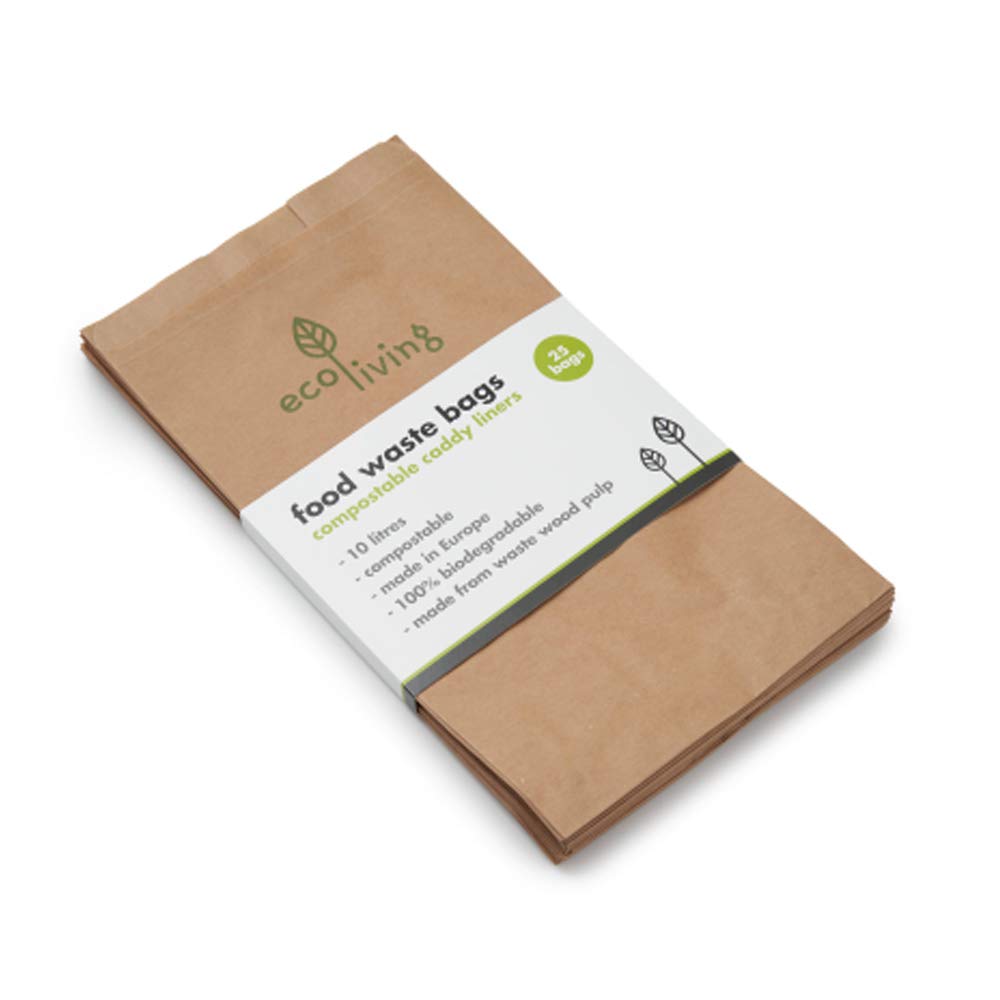 ecoLiving 10 Litre Compostable Food Waste Paper Bags (25 Paper Bin Bags ...