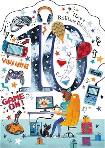 Boys 10th Birthday Card - Age 10 - Gamer Boy with Dog, Balloons and ...