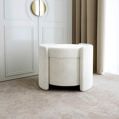 Maeva Fabric Storage Stool - Soft Bouclé Fabric Round Ottoman Footstool ...