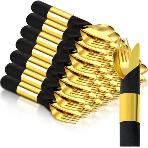 Amazon.com: Sabary 150 Gold Plastic Silverware Pre Rolled Black Napkins ...