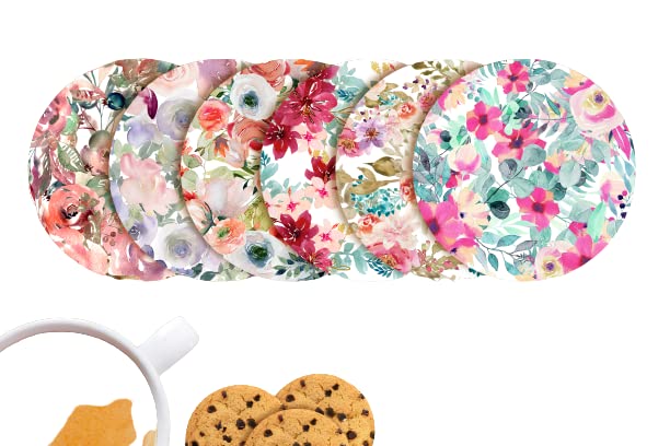 Clawcrafts Set of 6 Wooden Floral Coasters with Unique Designs Round ...