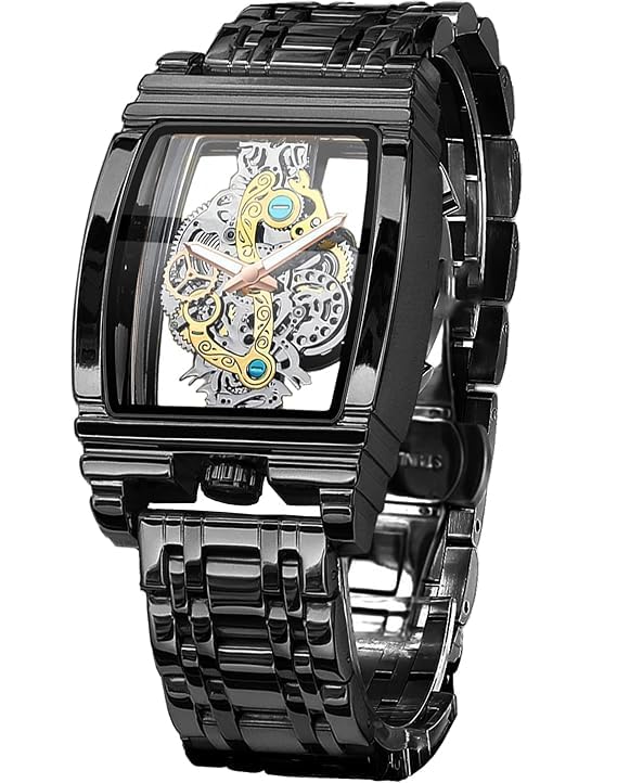 Buy Luxury Mechanical Skeleton Watch, Black Stainless Steel Band ...