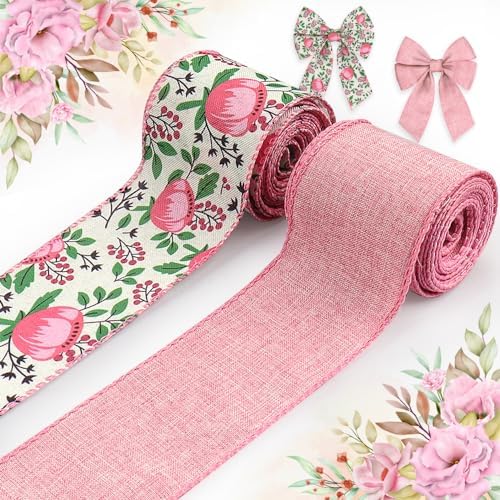 Amazon.com: Hying 2 Rolls Spring Flowers Ribbons for Wreath Bows, 2.5"× ...