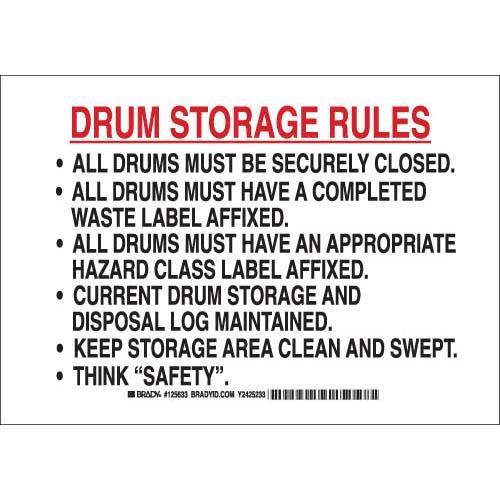 Brady 125633 Chemical Hazard Sign, Legend "Drum Storage Rules All Drums ...