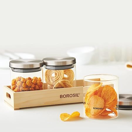Borosil Classic Glass Jar with Wooden Tray, Air-Tight Storage Container ...