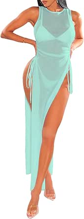 Women's Sexy Sheer Mesh Cover Up Beach Dress High Split Drawstring ...