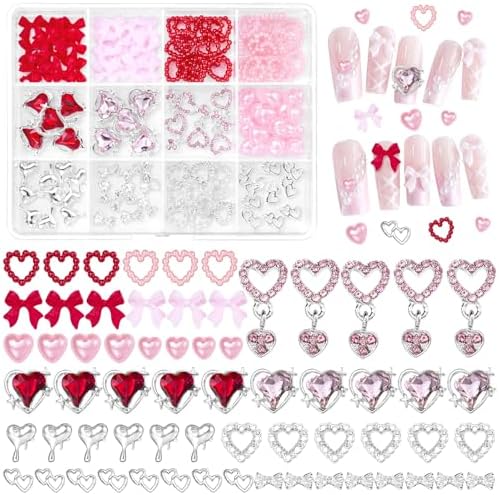 Amazon.com: Pink Colors Red Bows Hollow Acrylic Nail Art Charms, 3D ...