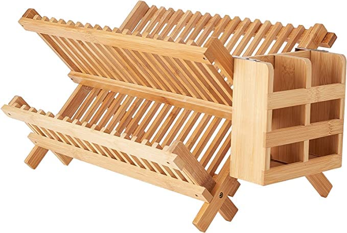 XieXie® Bamboo Dish Drying Rack 3-Tier Collapsible Dish Rack with ...