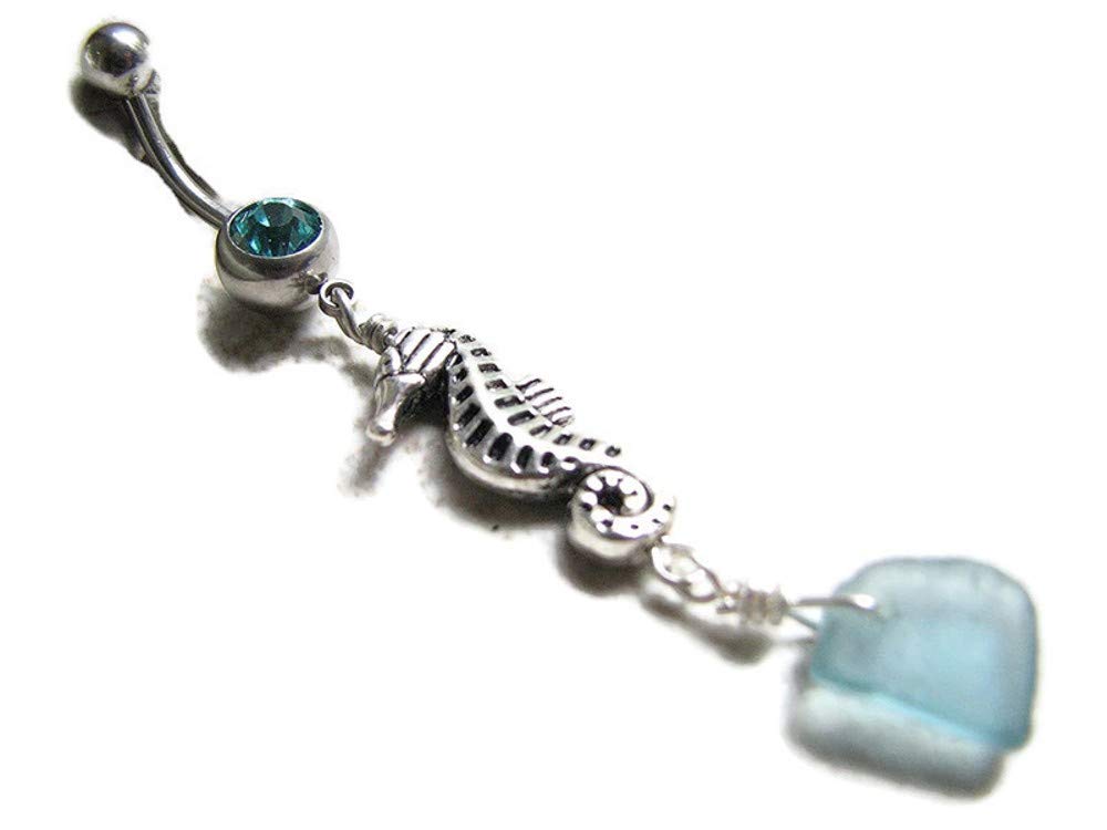 Amazon.com: Seahorse and Aqua Beach Glass Belly Button Piercing ...