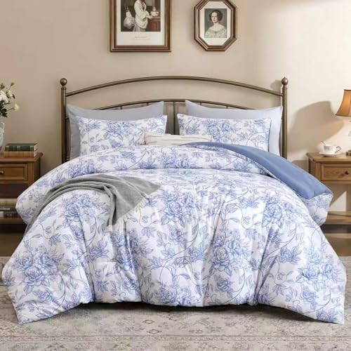 Amazon.com: JANZAA Full Size Comforter Set Pale Blue Comforter Floral ...