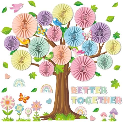 Amazon.com: Pastel Classroom Tree Bulletin Board Set with 3D Paper Fans ...