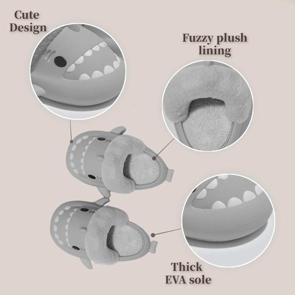 Shark Fuzzy Slippers Women Men Cute Cartoon Plush Fluffy House Shoes ...