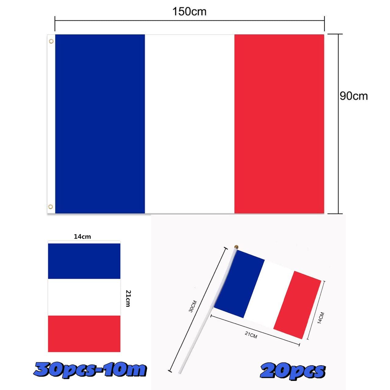 Large French Flag 150 x 90 cm, 20 Small Hand French Flags 10 m Bunting ...