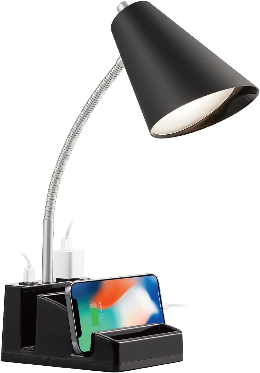 LED Desk Lamp with 1 USB Charging Port and 1 AC Outlet, Organizer Base ...