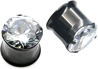 2PCS Black Tunnels Ear Beginner, with Round Cubic Zirconia Expander ...