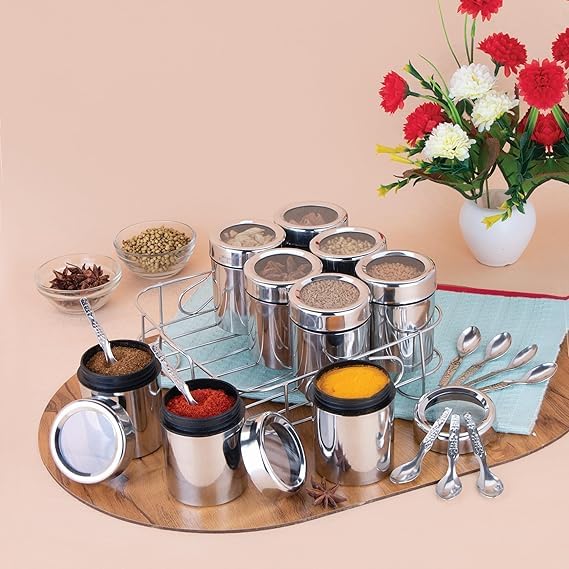 DARAZ Stainless Steel 9 Dabba Square Masala Stand with Rack | Spice ...