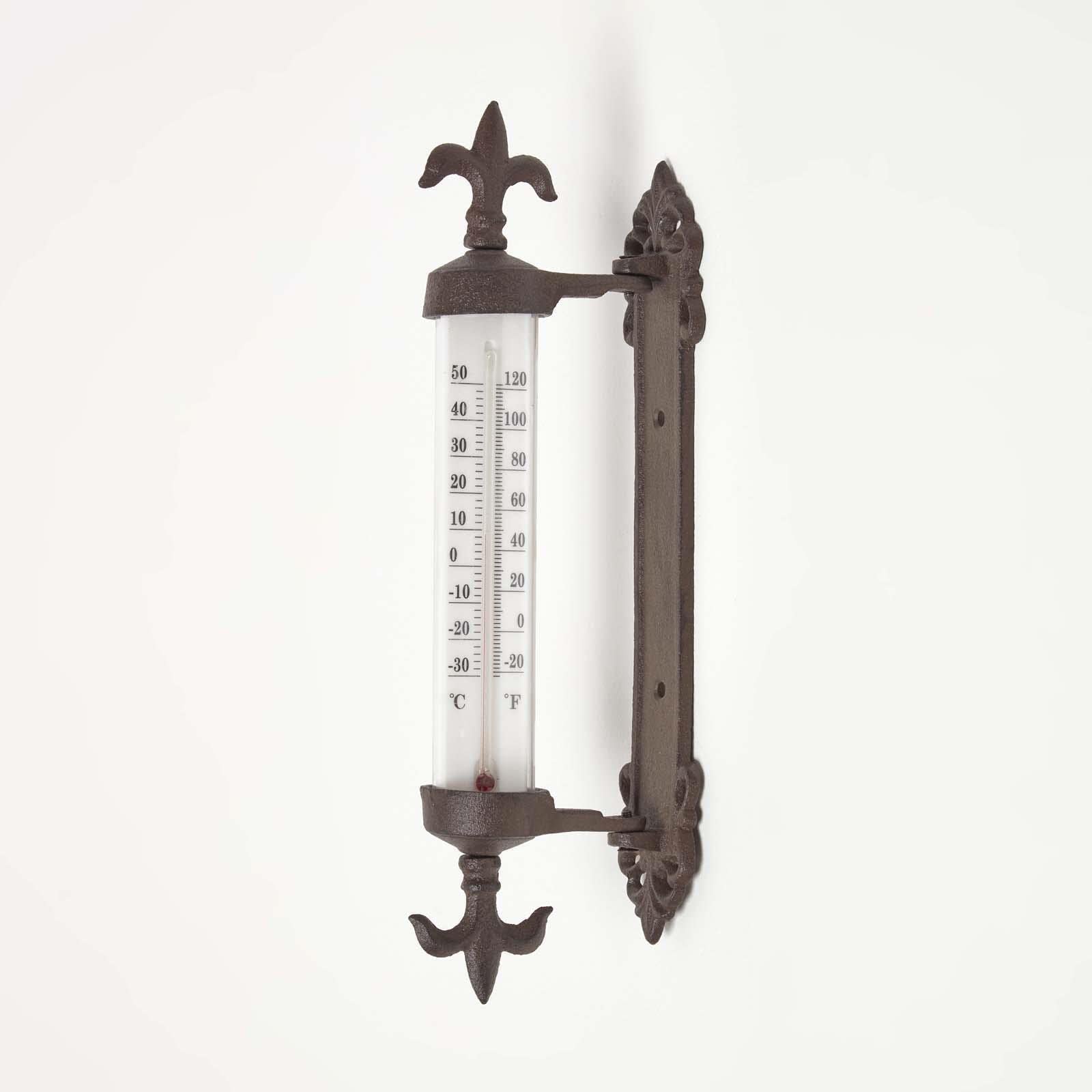 HOMESCAPES Brown Cast Iron Garden Thermometer Wall Mounted Ornate ...