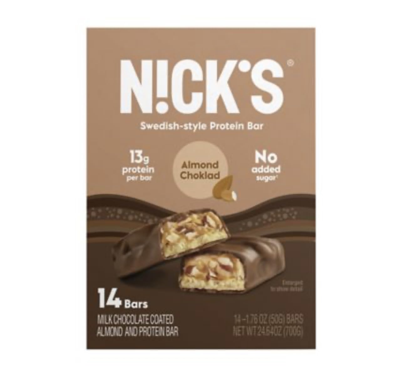 Amazon.com : Nick's Protein Bar Almond Choklad, 14 ct./1.76 oz. 13g ...