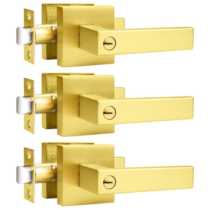 Probrico Brushed Gold Keyed Entry Door Handle Square Heavy Duty Satin ...