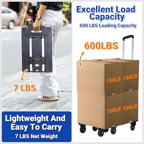 Upgraded Heavy Duty 600LB Folding Hand Truck Dolly with 7 Wheels ...