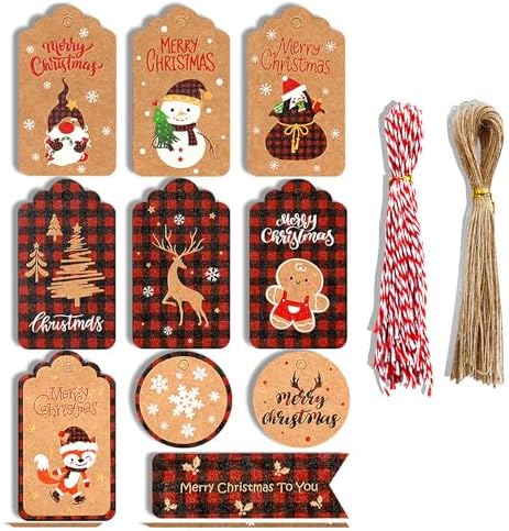 LOKIPA 100Pieces 10 Styles Christmas Kraft Present Gift Tags Hang ...