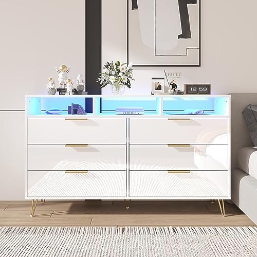 Amazon.com: Hlivelood 6 Drawer Dresser with LED Light, Modern Chest of ...