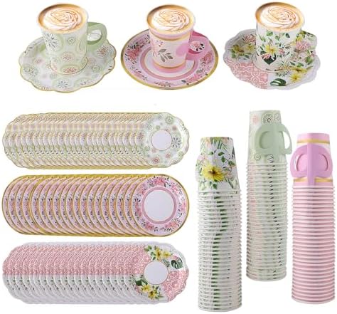 Amazon.com | 96 Sets Floral Paper Tea Cups and Saucers Set, Disposable ...
