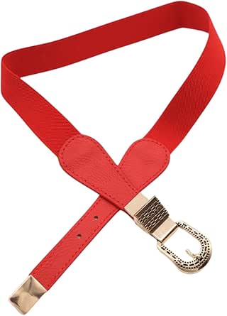 Women Red Narrow Fashion Belt - Hip High Waist Elastic Band Gold Metal ...