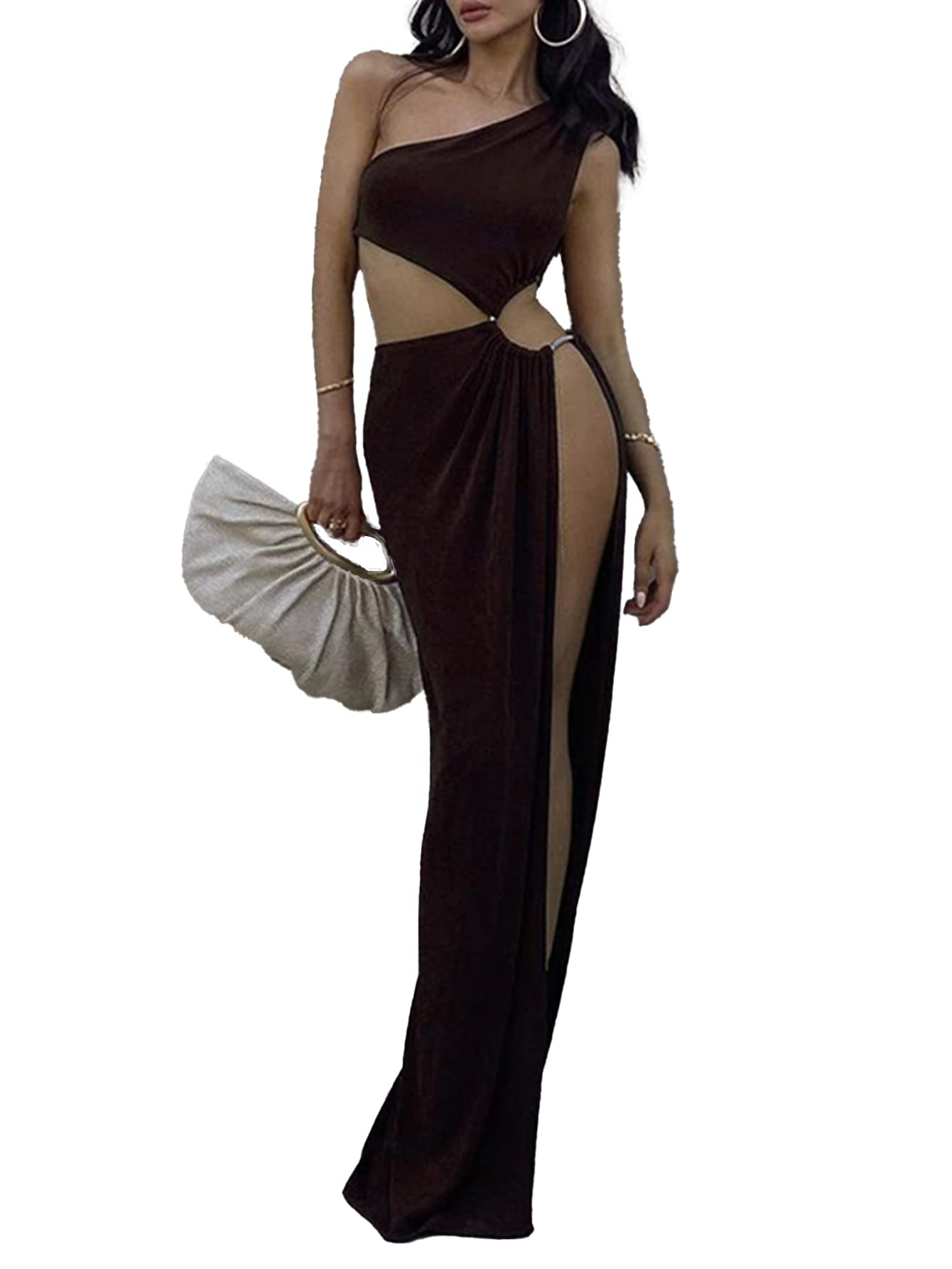 MULNIHEY One Shoulder Cut Out Maxi Dress for Women Sexy High Slit ...
