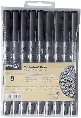 BRUSTRO Technical Fineliner & Brush Pen Set of 9 |Black| Tip Sizes - 0. ...