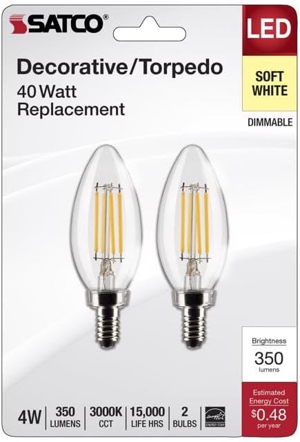 Satco S21820 4 Watt B11 LED Bulb, Clear, Candelabra Base, 3000K, 350 ...