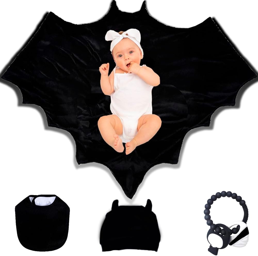 Amazon.com: Multi-Use Bat Baby Blanket Set - Black Hat with Ears, Bib ...