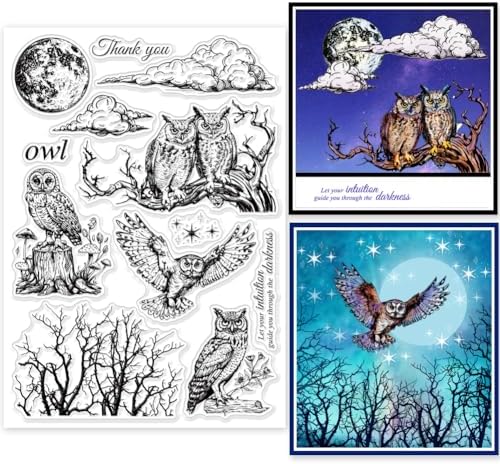 GLOBLELAND Owl Moon Clear Stamps Withered Tree Clear Stamps Moon Cloud ...