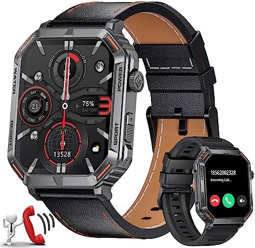 Amazon.com: FOXBOX Smart Watch with Leather Band for Men, 1.96 ...
