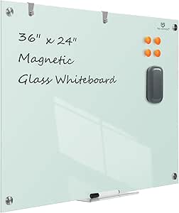TSJ OFFICE Glass Dry-Erase Board - 36 x 24 Inches Wall Mounted Glass Magnetic Whiteboard, Large ...